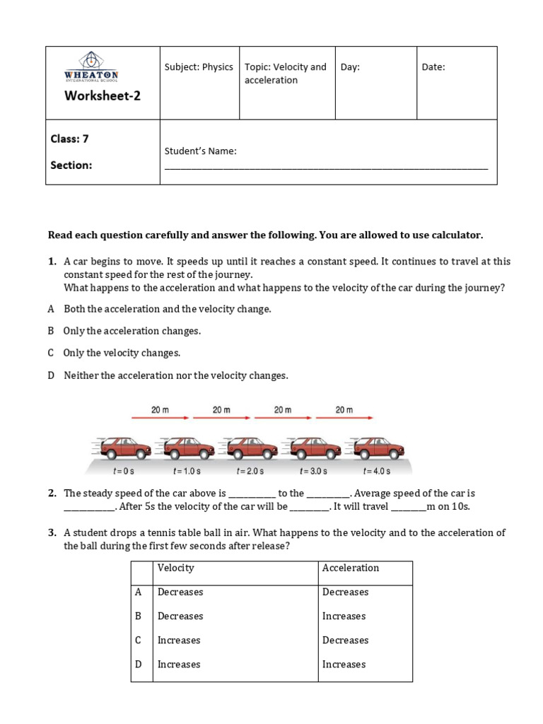 Class-7 WS Velocity & Acceleration | PDF