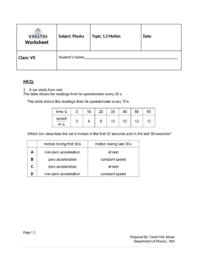 Worksheet - Subtopic Speed Velocity and Acceleration | PDF