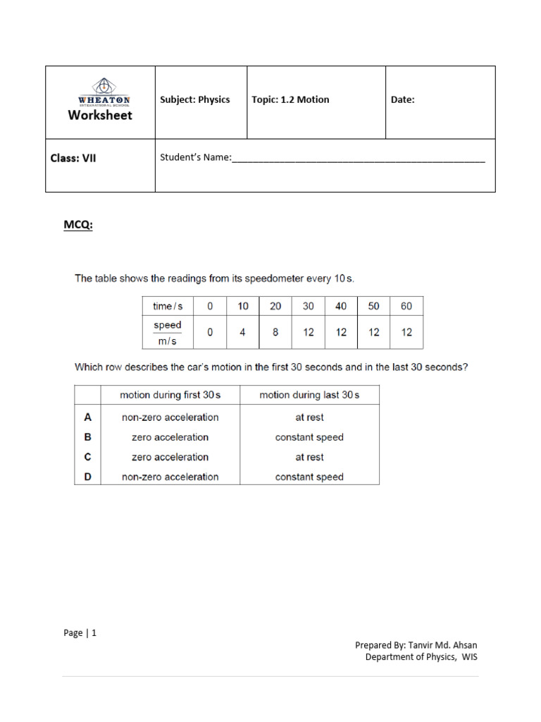 Worksheet - Subtopic Speed Velocity and Acceleration G7 | PDF