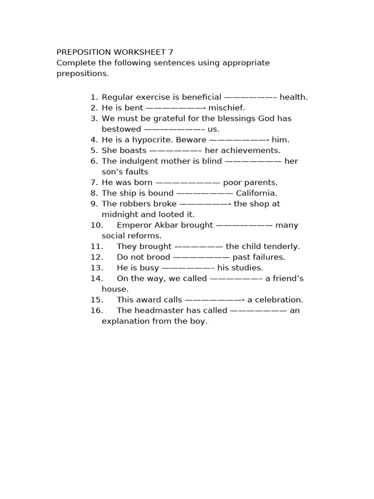 Preposition Worksheet 7 | PDF