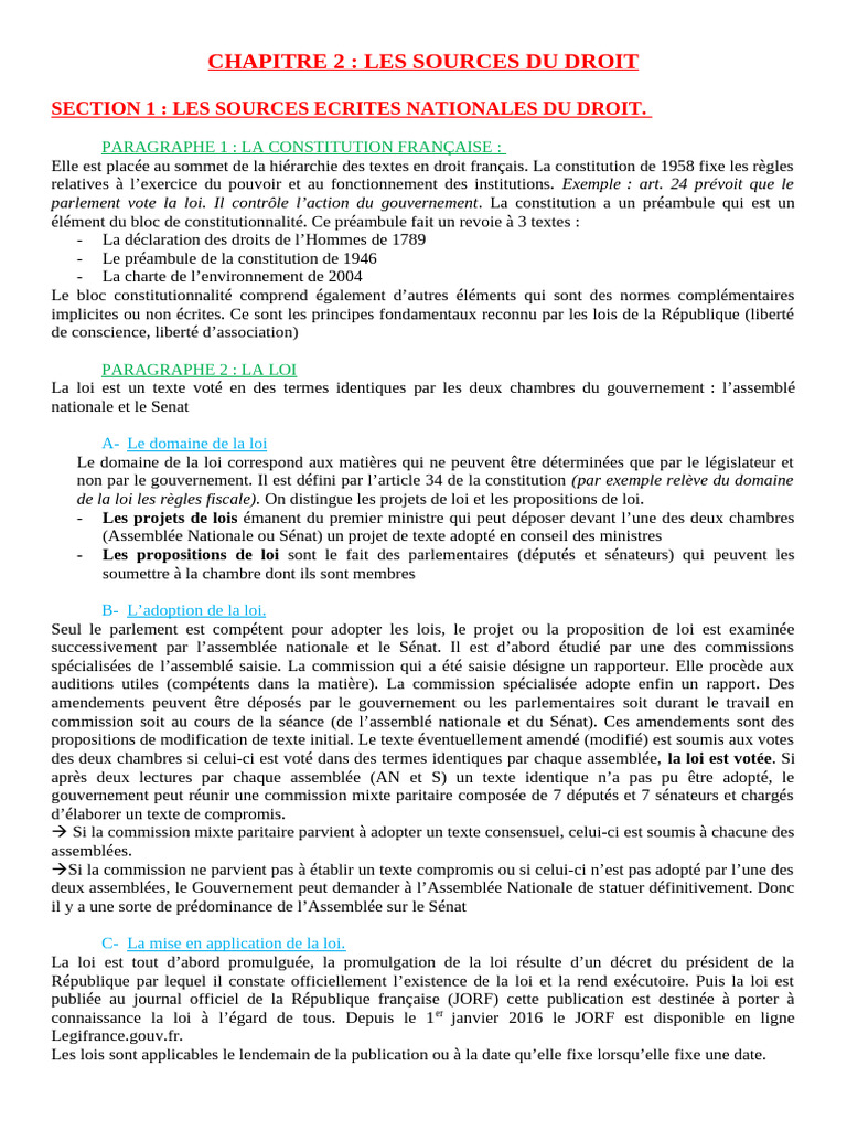 Licence1 CHAPITRE 2 - LES SOURCES DU DROIT | PDF