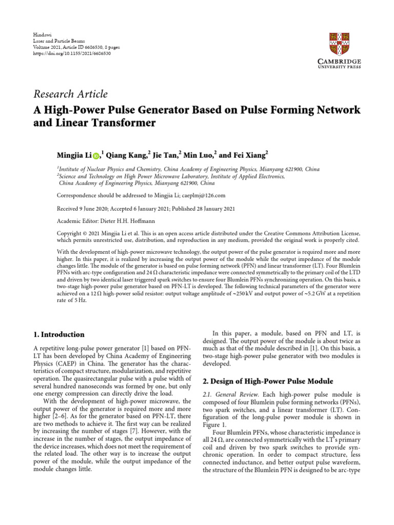 A High-Power Pulse Generator Based On Pulse Forming Network and Linear ...