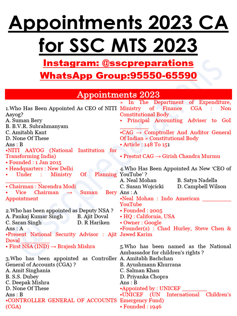 Appointments 2023 CA For SSC MTS 2023 | PDF