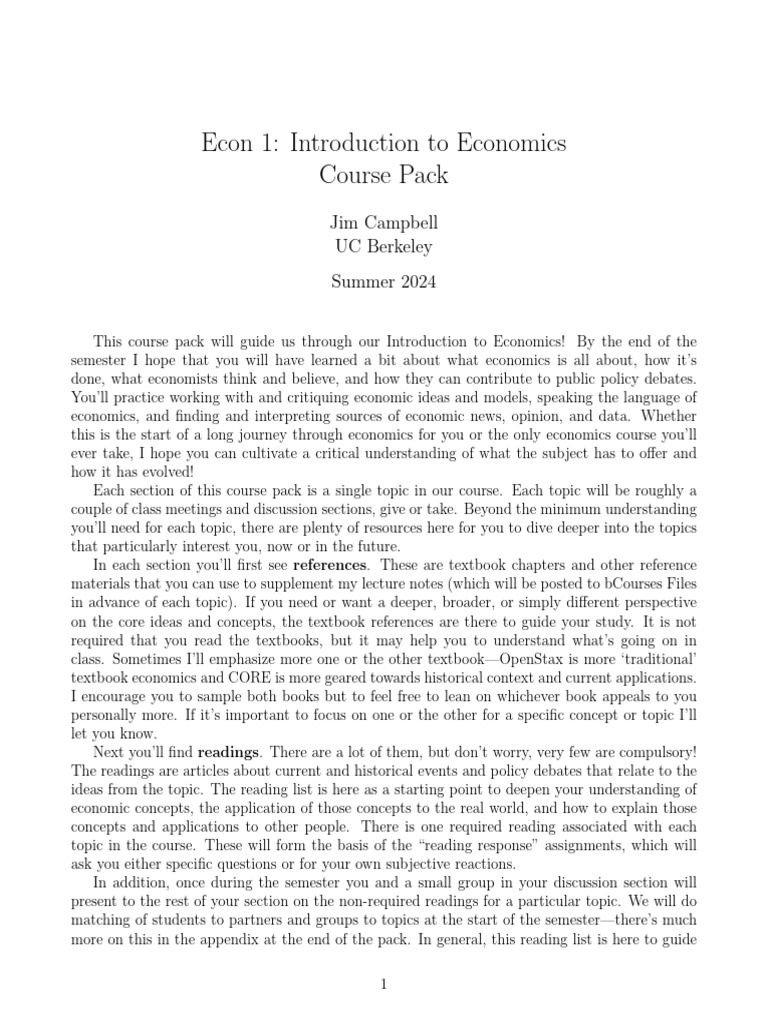 Econ 1 Course Pack Summer 2024 | PDF