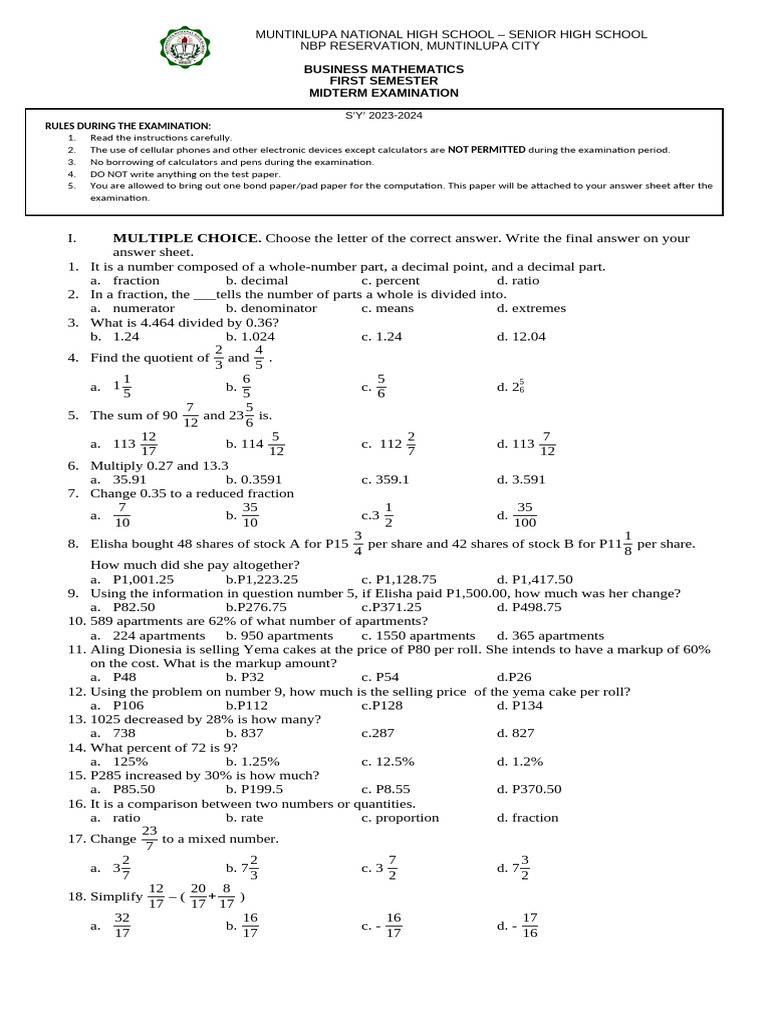 Midterm Exam Business Math First Sem Key - Docx 2023 2024 | PDF