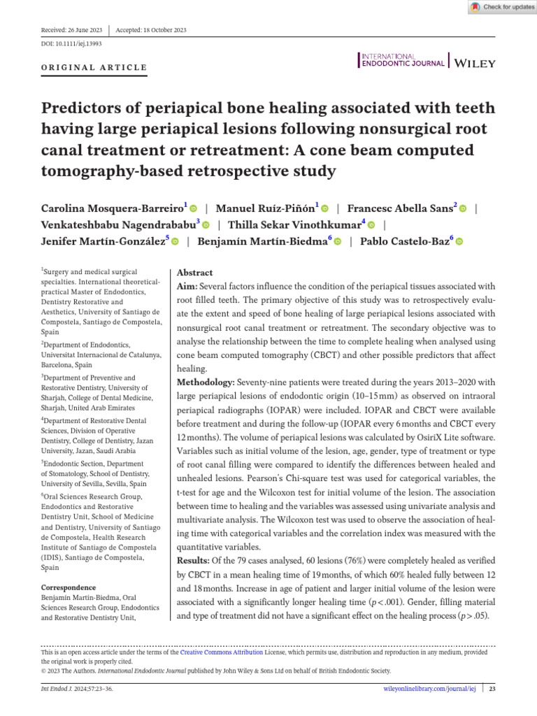 Predictors of periapical bone healing associated with teeth having ... Predictors of periapical bone healing associated with teeth having ...