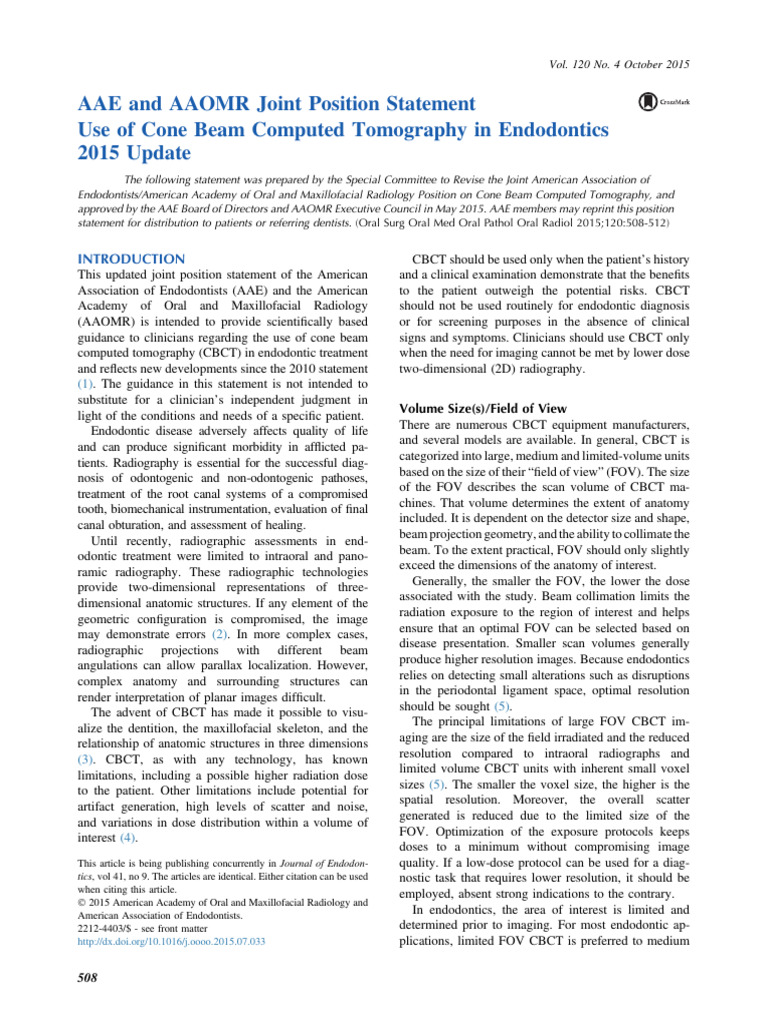 AAE and AAOMR Joint Position Statement Use of CBCT in Endodontics 2015 ...