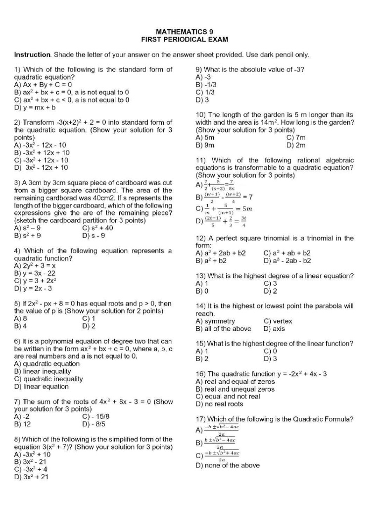 Mathematics 9 Sample Test Questions | PDF