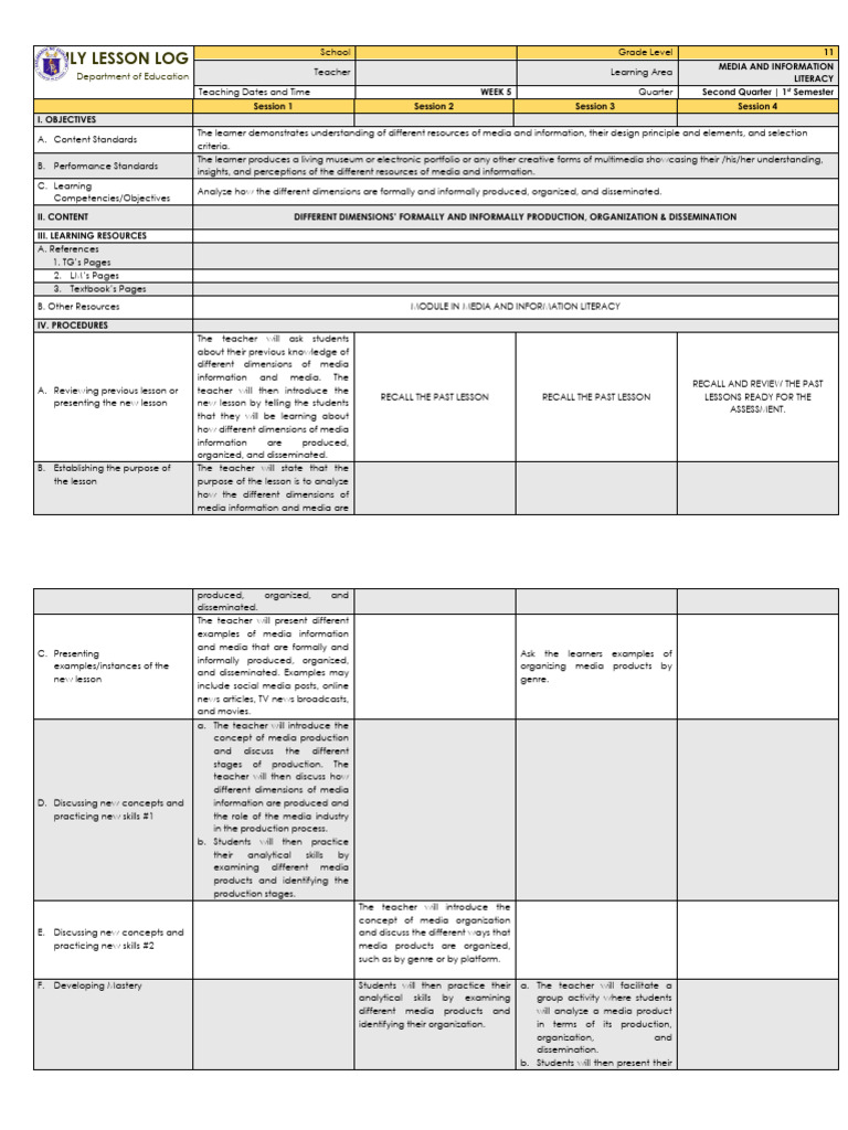 MIL DLL Week 5 Lesson Plan | PDF | Learning | Teachers