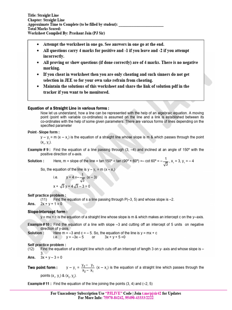 Worksheet-2 Equation of Straight Line | PDF
