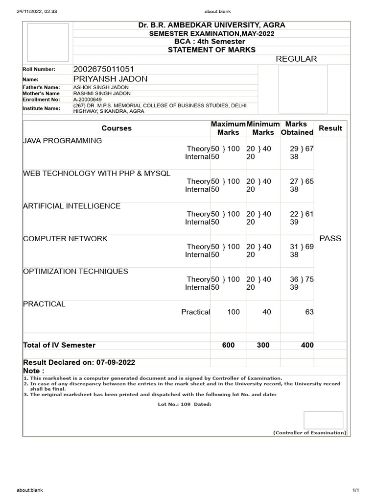 4th Sem Marksheet | PDF