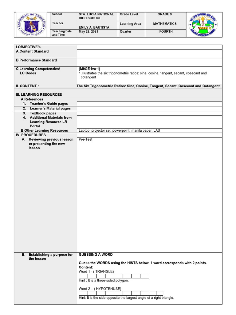 Grade 9 Trigonometry Lesson Plan | PDF | Trigonometric Functions ...