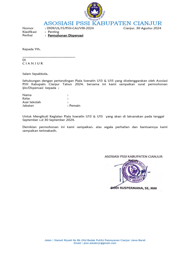 0109 PSSI-CAJ-Surat Dispensasi Soeratin | PDF