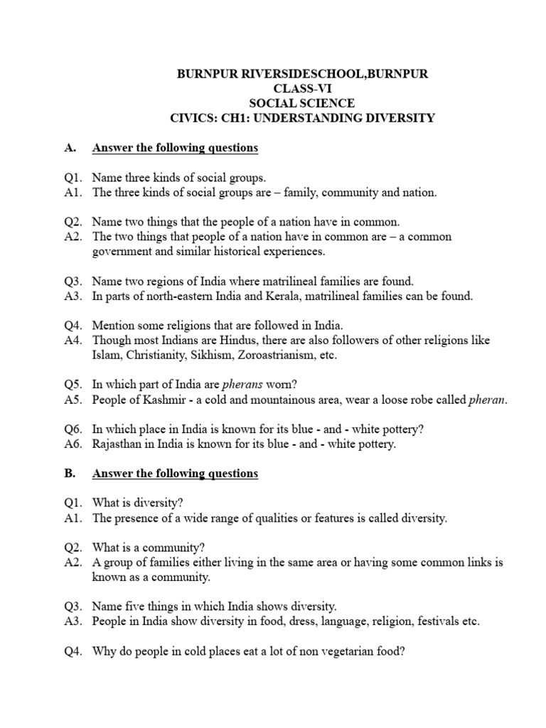 Class - VI - SOCIAL SCIENCE - Civics - CH 1 - Understanding Diversity ...