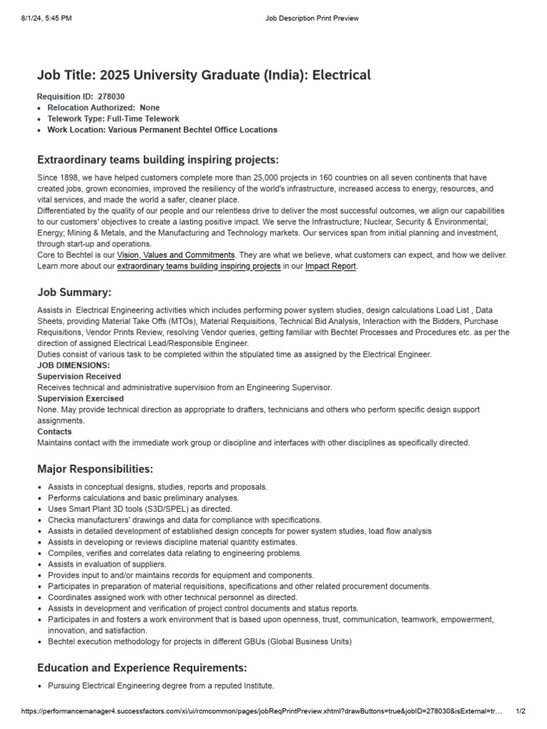 Job Description 2025 University Graduate (India) - Electrical (278030 ...