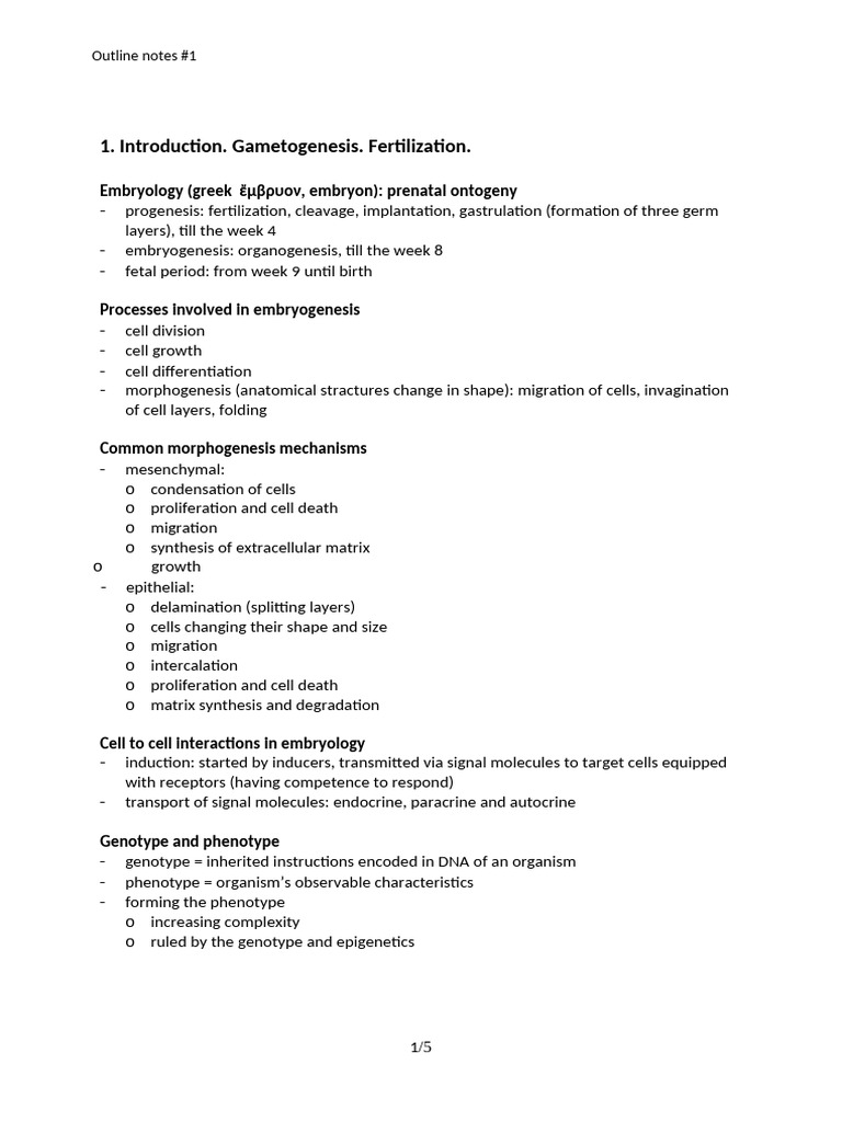 Outline Notes in Embryology | PDF