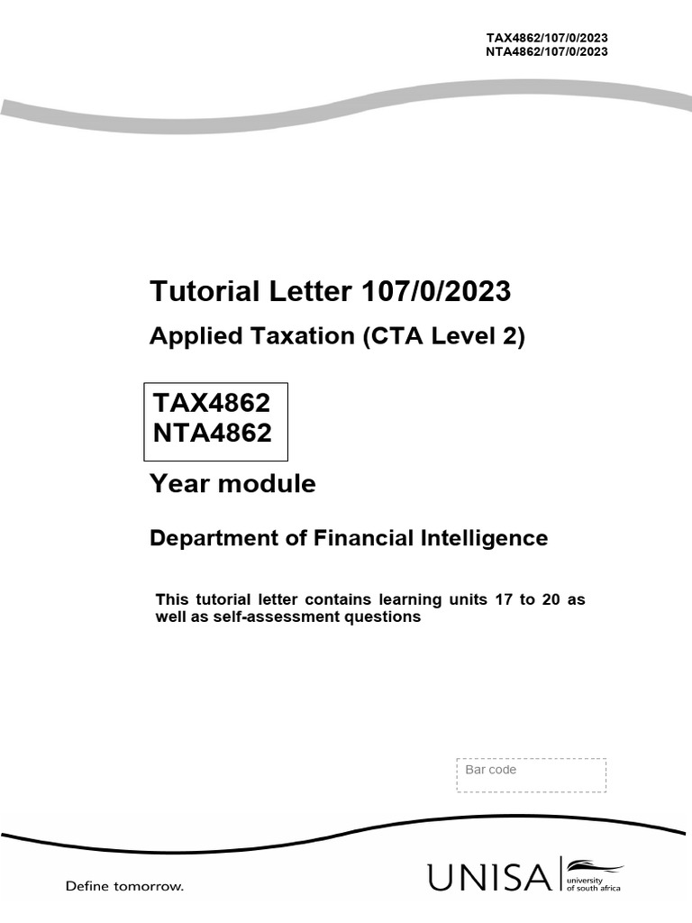 Tutorial Letter 107/0/2023: TAX4862 NTA4862 | PDF