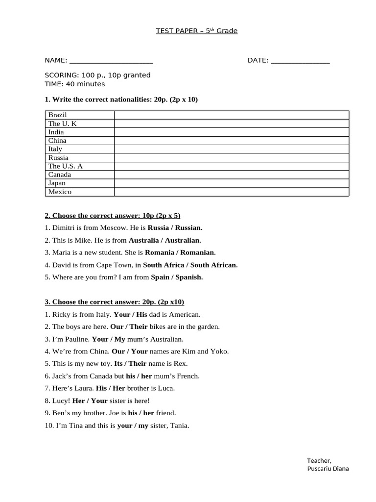 Test Paper 5th Grade Modul 1 | PDF