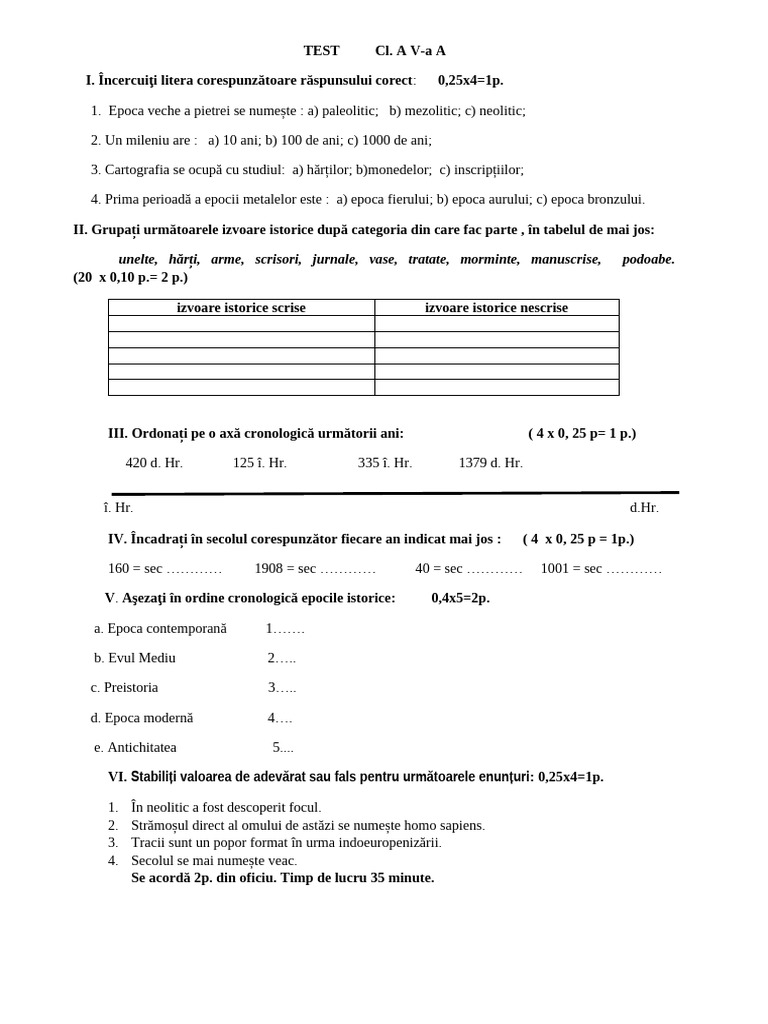 Test Istorie Cl. VC Oct. 2023 | PDF