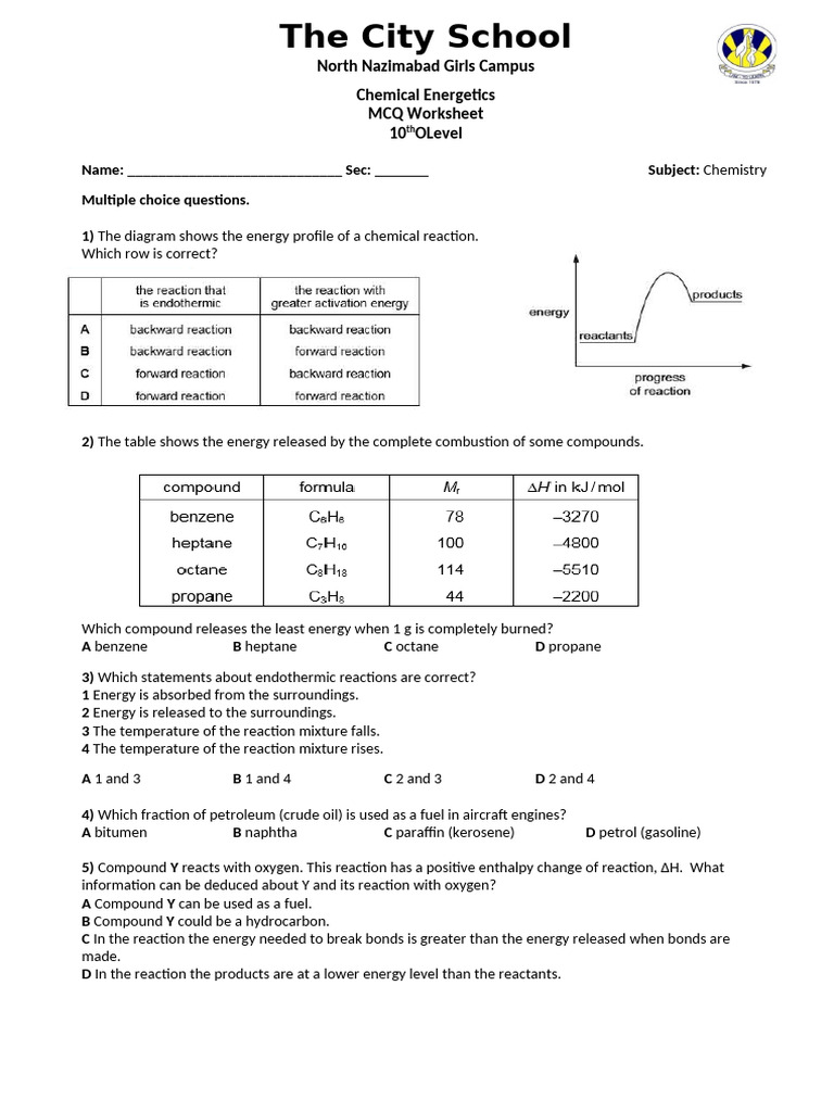 Chemical Energetics MCQ Worksheet | PDF
