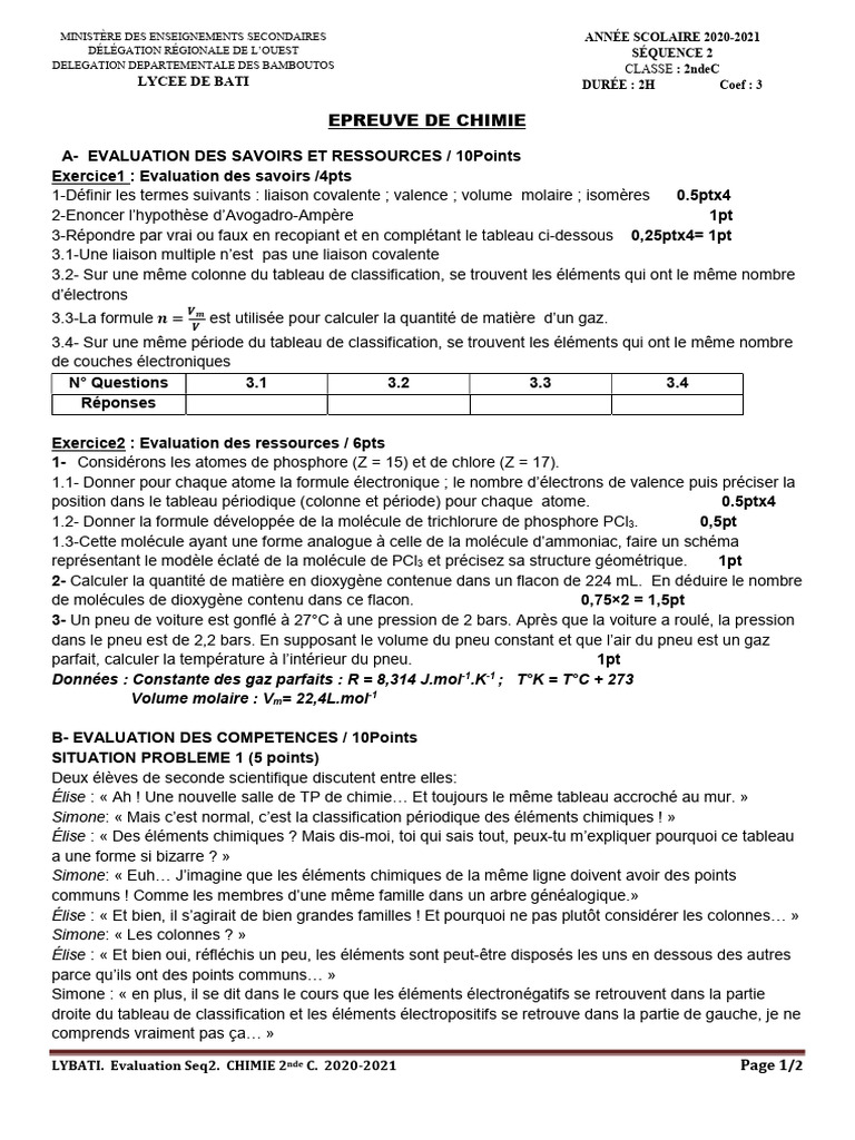 Chimie - Lycee de Bati - Séquence 2 - Classe 2ndec - 2021 Cameroun | PDF