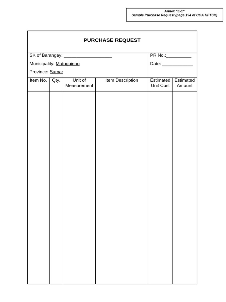 3.8 SK MC Annex e 1 Purchase Request SKFPD Policy Template 1 | PDF