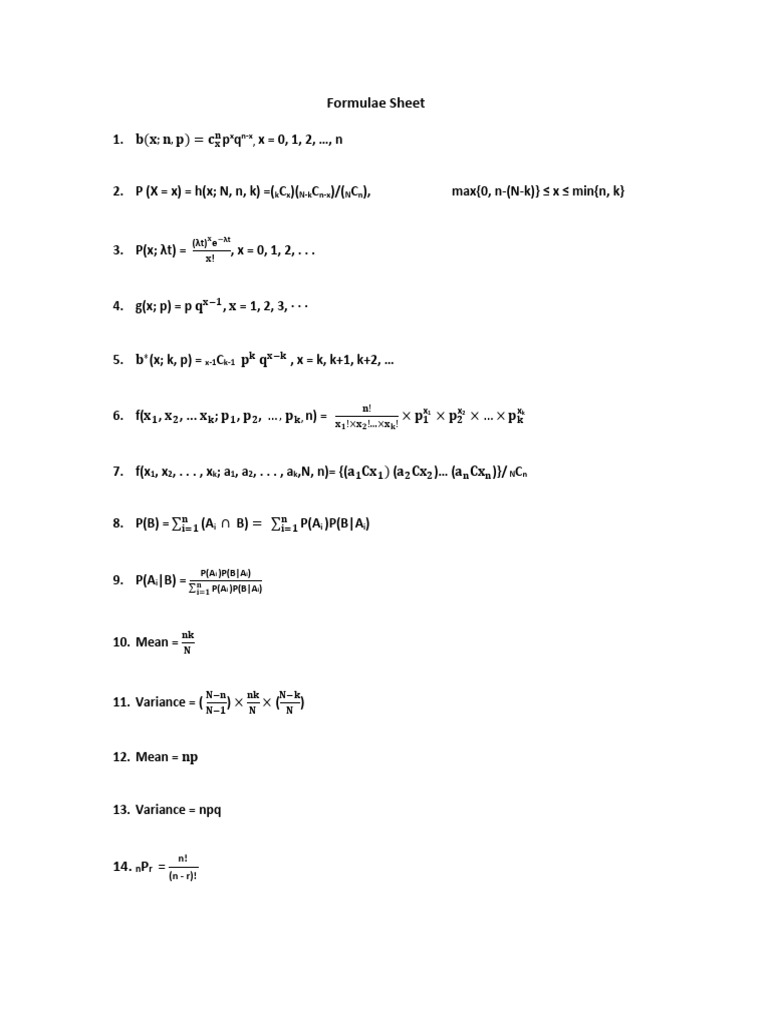 Formulae Sheet Probability Pdf