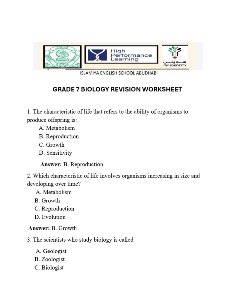 Grade 7 Biology Worksheet With Answers | PDF