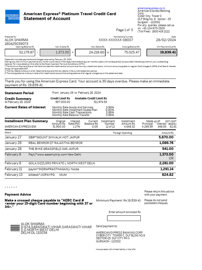 Statement of Account: American Express® Platinum Travel Credit Card | PDF