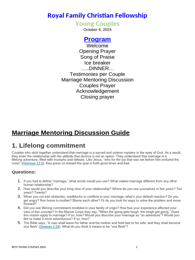 Young Couples Marriage Mentoring Guide | PDF | Marriage | Wellness