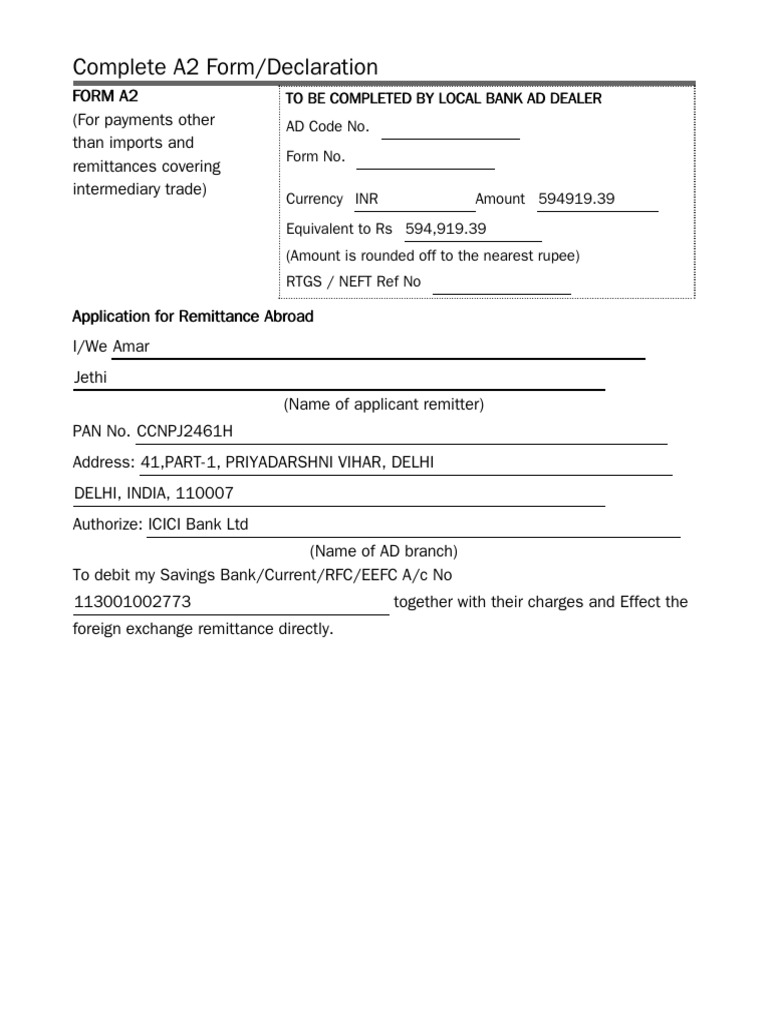 INR A2 Form - GIC-21021244 | PDF