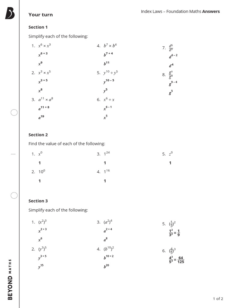 Index Laws - Foundation Maths (Answers) | PDF