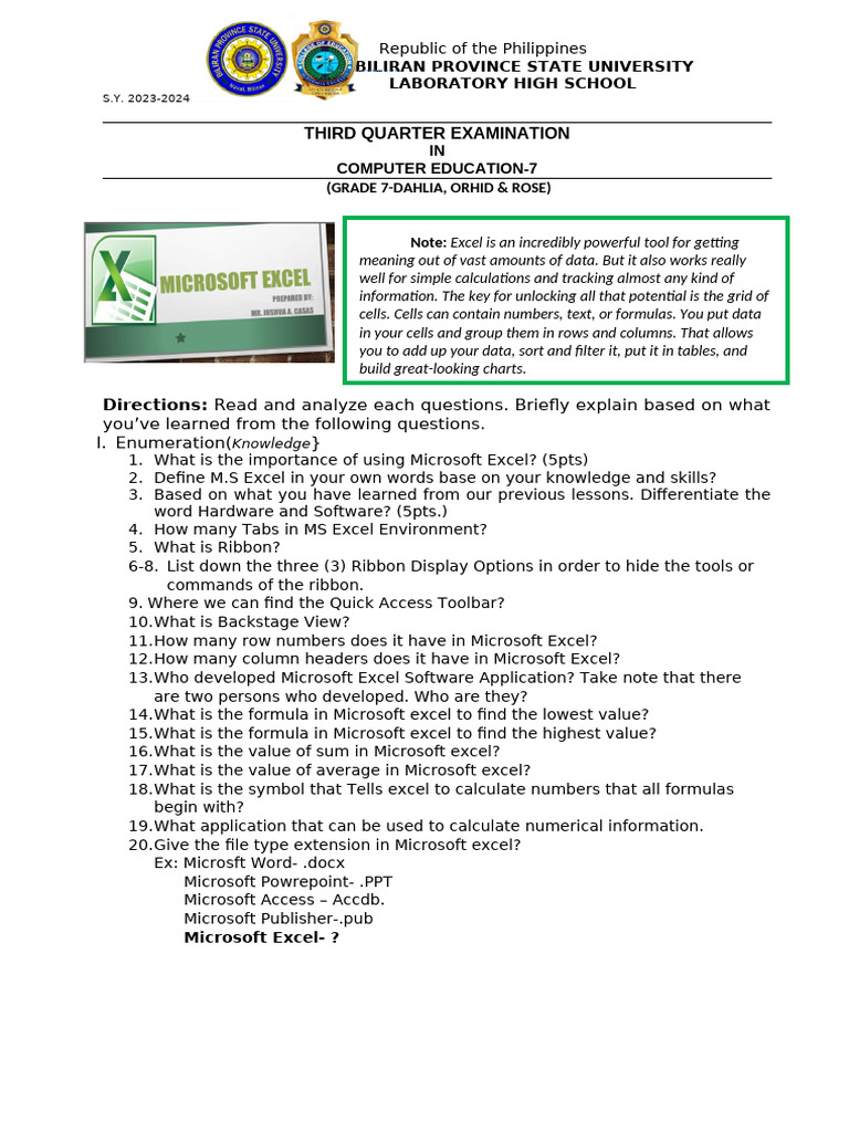 Grade 7 Microsoft Excel Examination 3RD Quarter | PDF