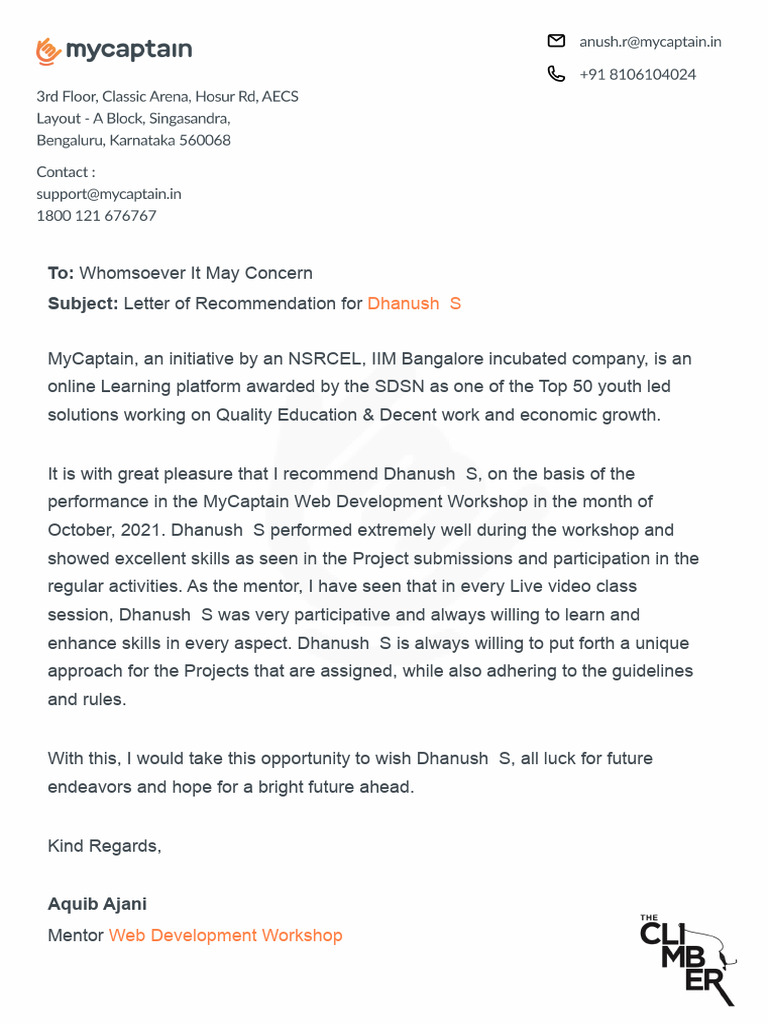 MyCaptain Web Development Workshop Letter of Completion | PDF