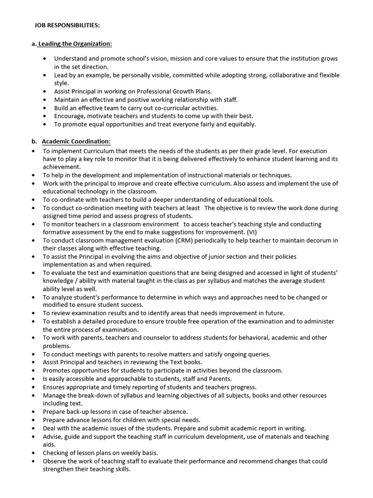 Vice Principal Duties and Responsibilities | PDF | Teachers | Career ...