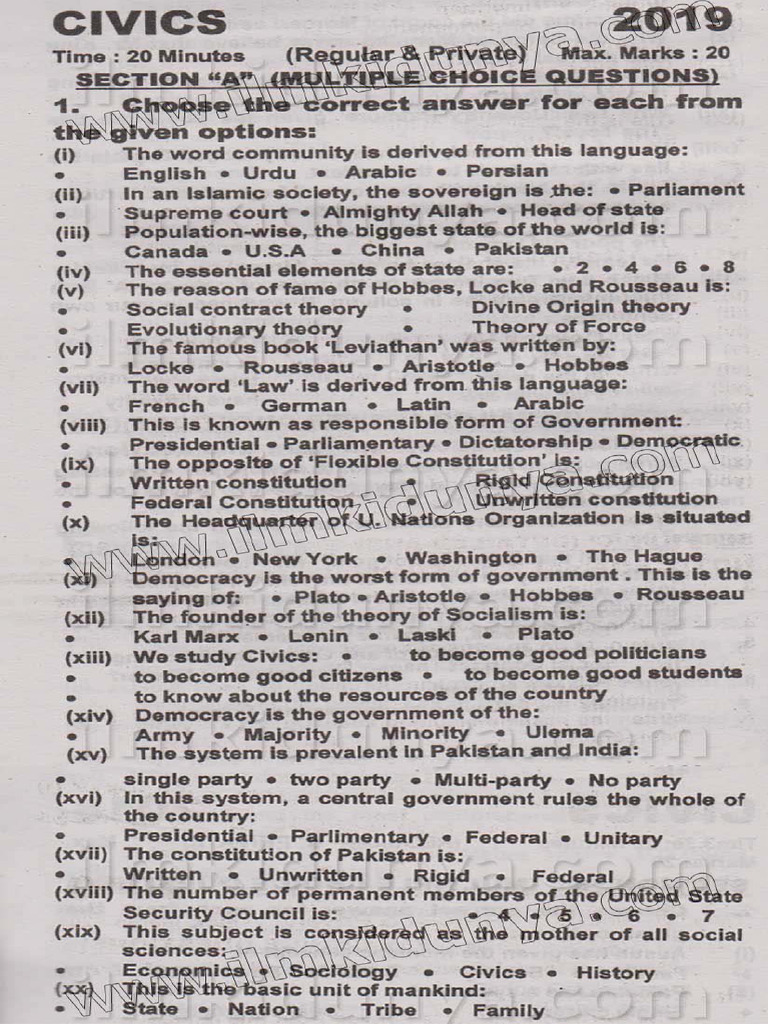 Past Paper 2019 Karachi Board Inter Part I Civics Objective English Medium | PDF