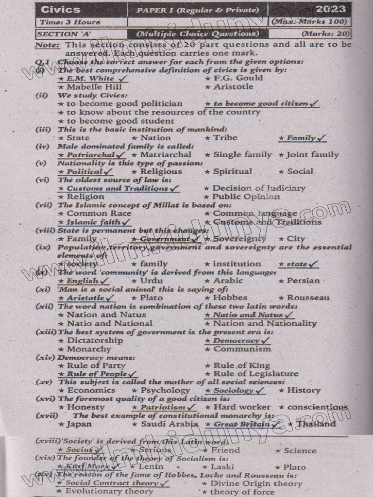 Past Paper 2023 Karachi Board Inter Part I Civics Objective | PDF