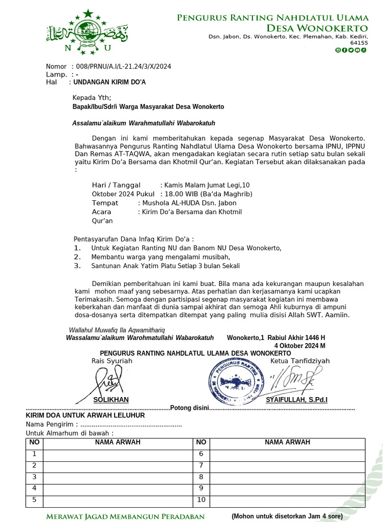 Undangan Kirim Doa Jumat Legi PRNU Woker | PDF