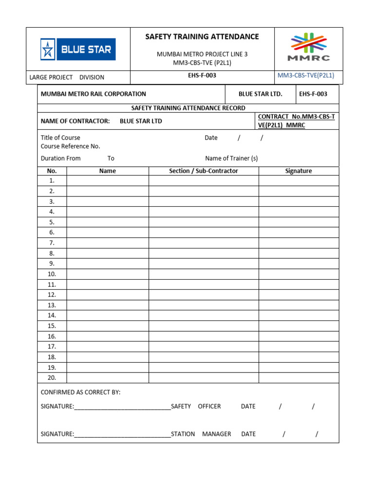 EHS-F-003-Safety Training Attendance Sheet. | PDF | Technology & Engineering