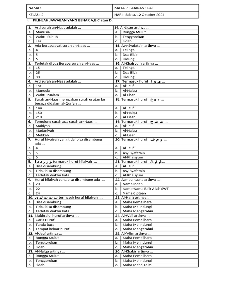 SOAL PAI dan BTA Kelas 2 | PDF