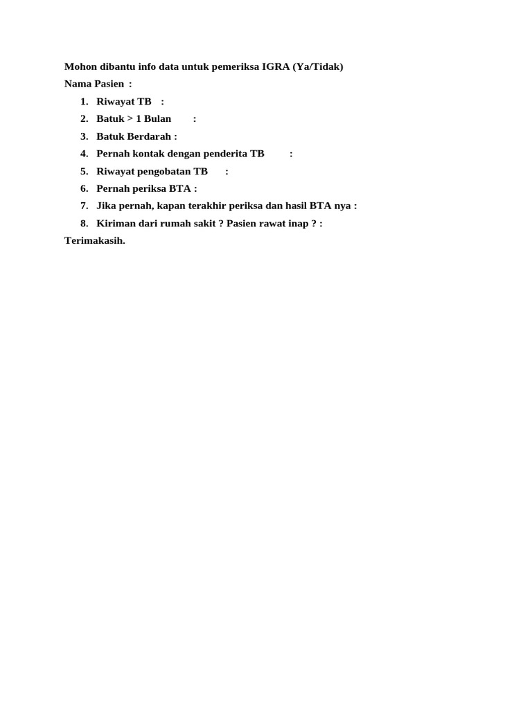 Mohon Dibantu Info Data Untuk Pemeriksa IGRA | PDF