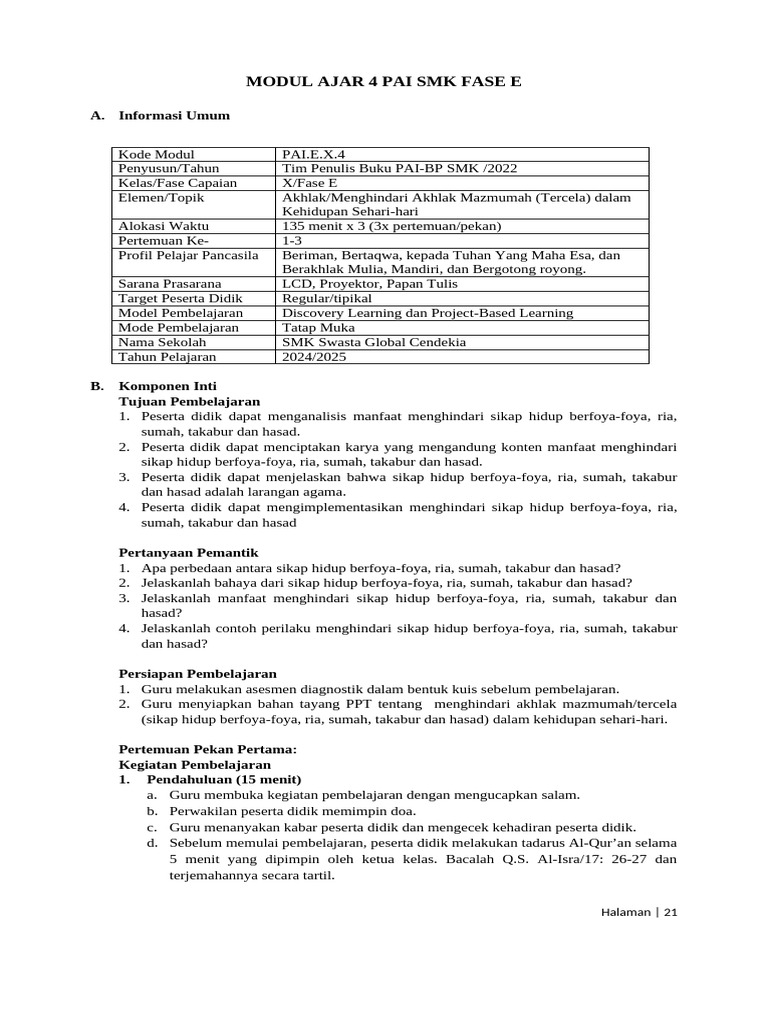 MODUL AJAR 4 PAI SMK KELAS X BAB 4 - Oke-Fin | PDF