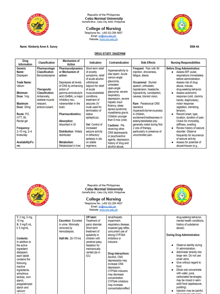 Drug Study Diazepam | PDF