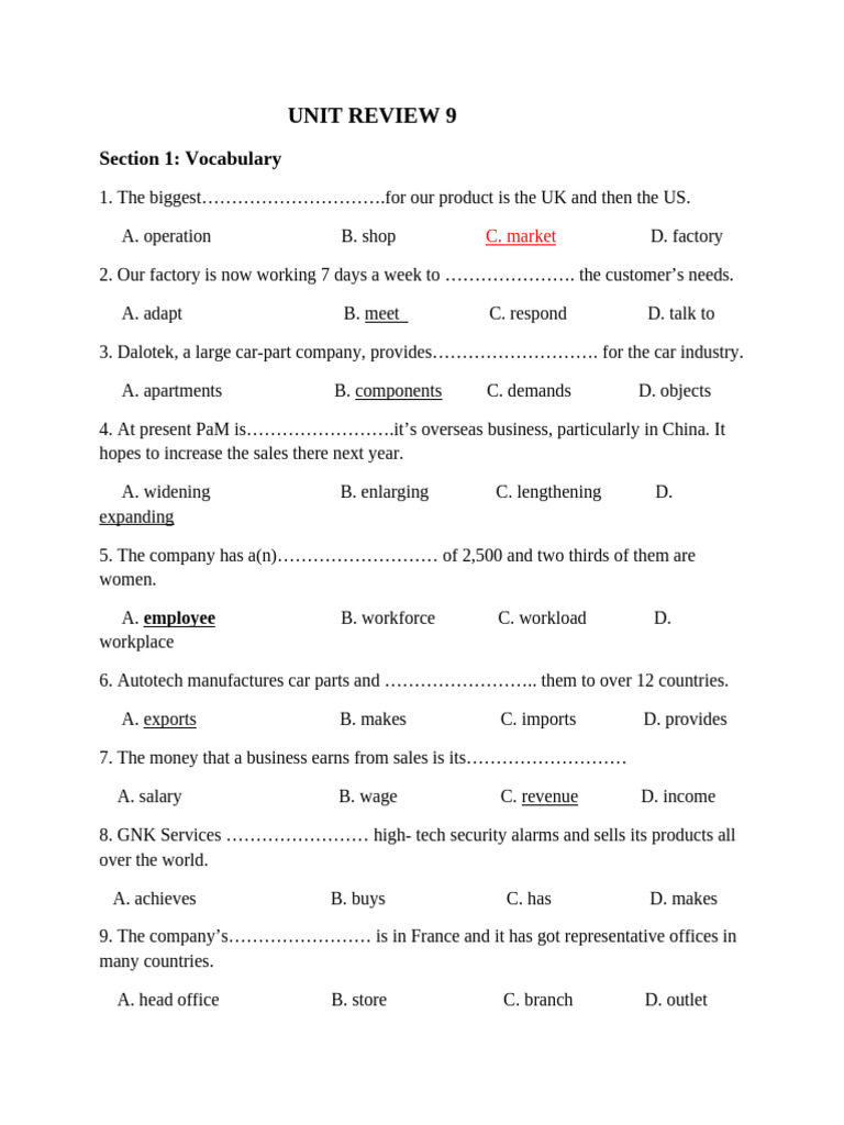 Unit Review 9: Section 1: Vocabulary | PDF