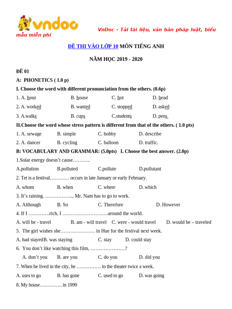 30 de Thi Vao Lop 10 Mon Tieng Anh Co Dap An | PDF
