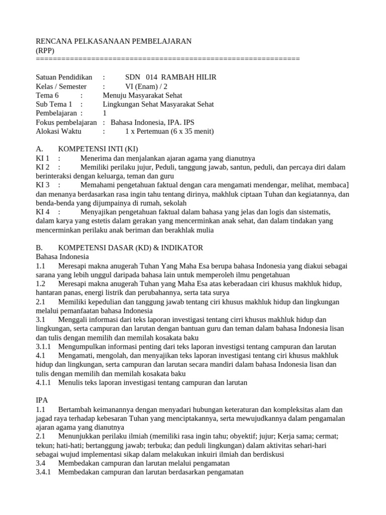 RPP Kelas VI Tema 6 - Menuju Masyarakat Sehat | PDF