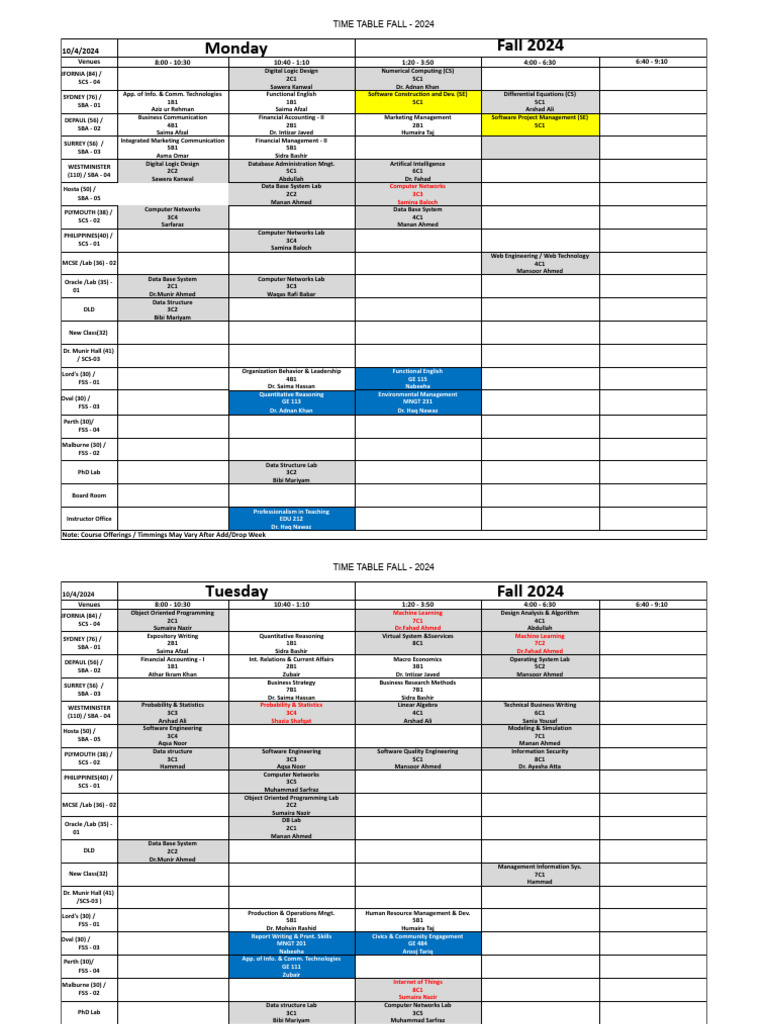 NCBA& E Morning & Weekend Time Table - Fall 2024 - Time Table - F24 | PDF