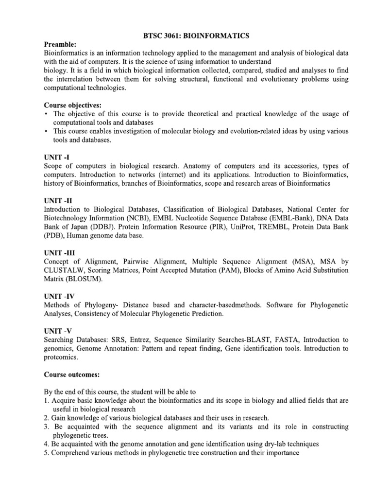 BIOINFORMATICS syllabus | PDF
