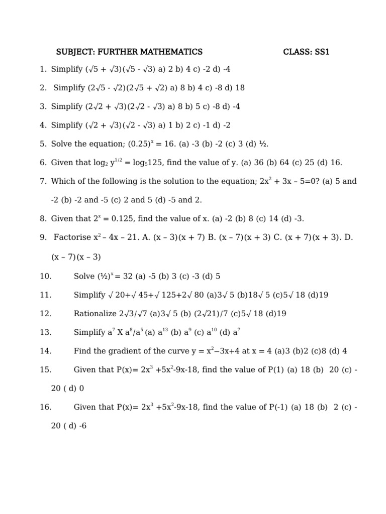 Further Maths SS1 and 2 | PDF