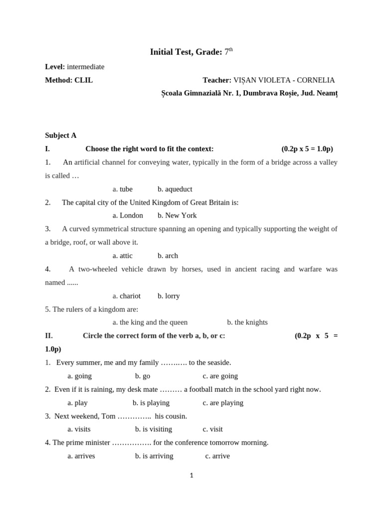 Test Initial Limba Engleza 7 | PDF